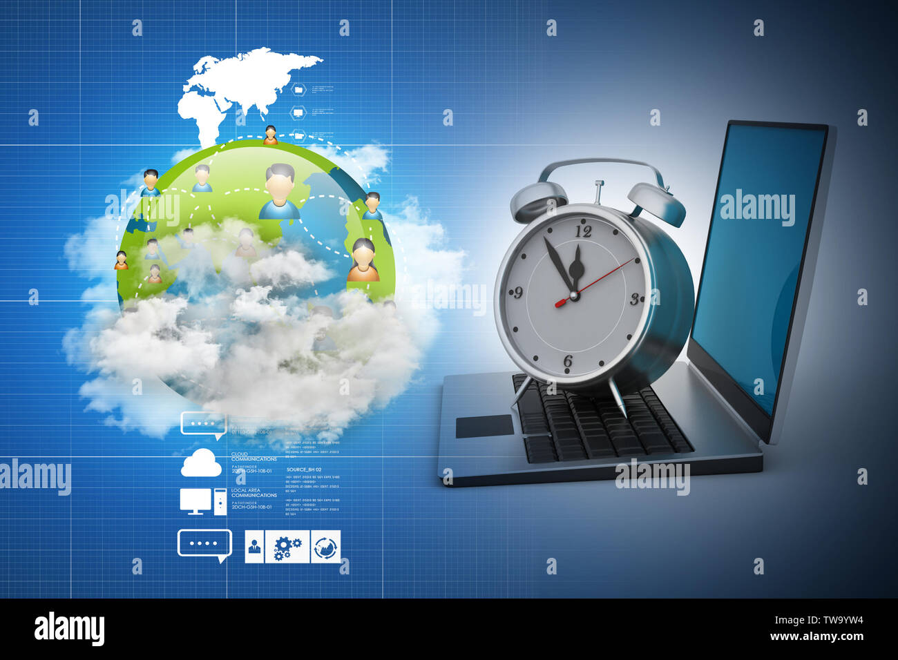 Laptop with alarm clock Stock Photo - Alamy