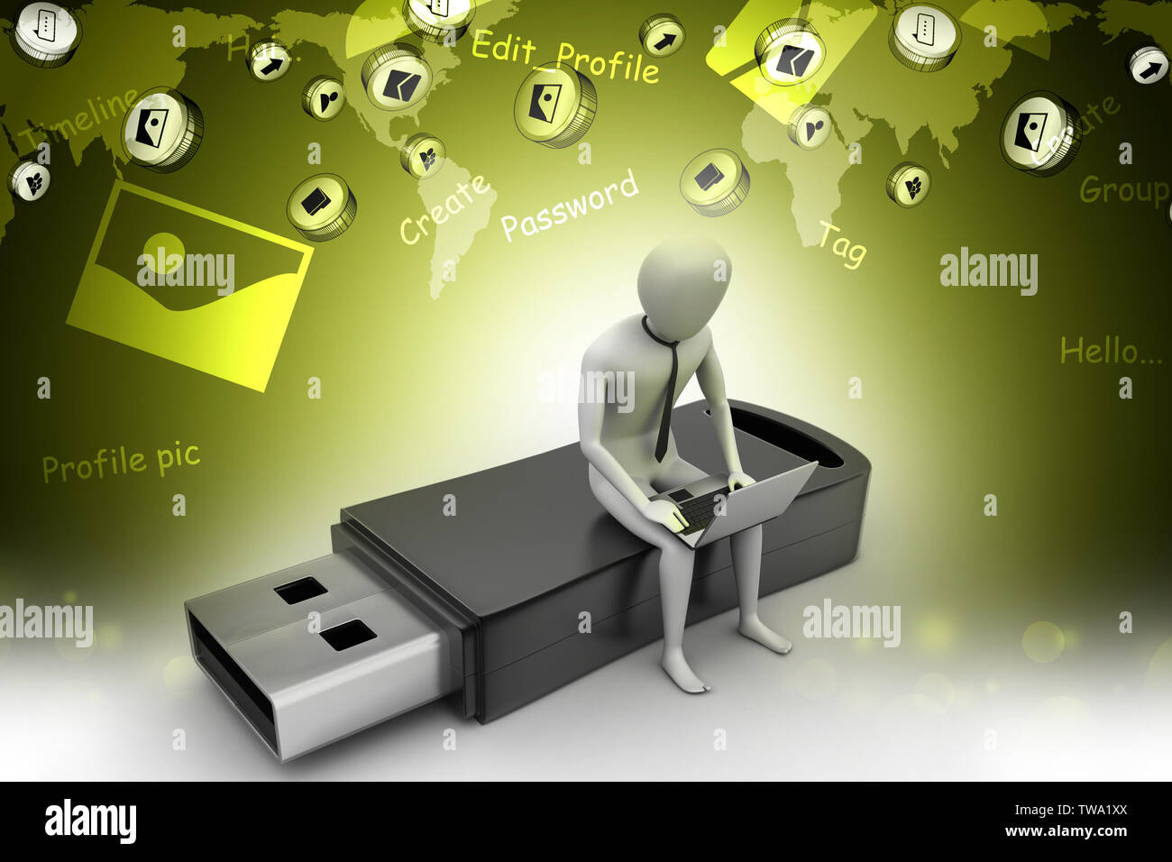3d man and laptop sitting usb Stock Photo - Alamy