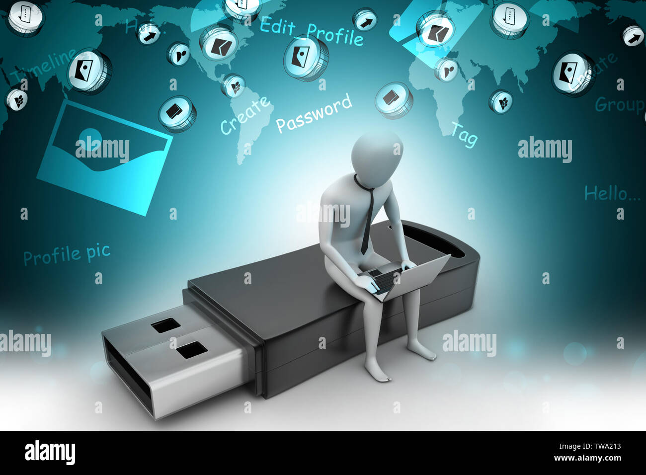 3d man and laptop sitting usb Stock Photo - Alamy