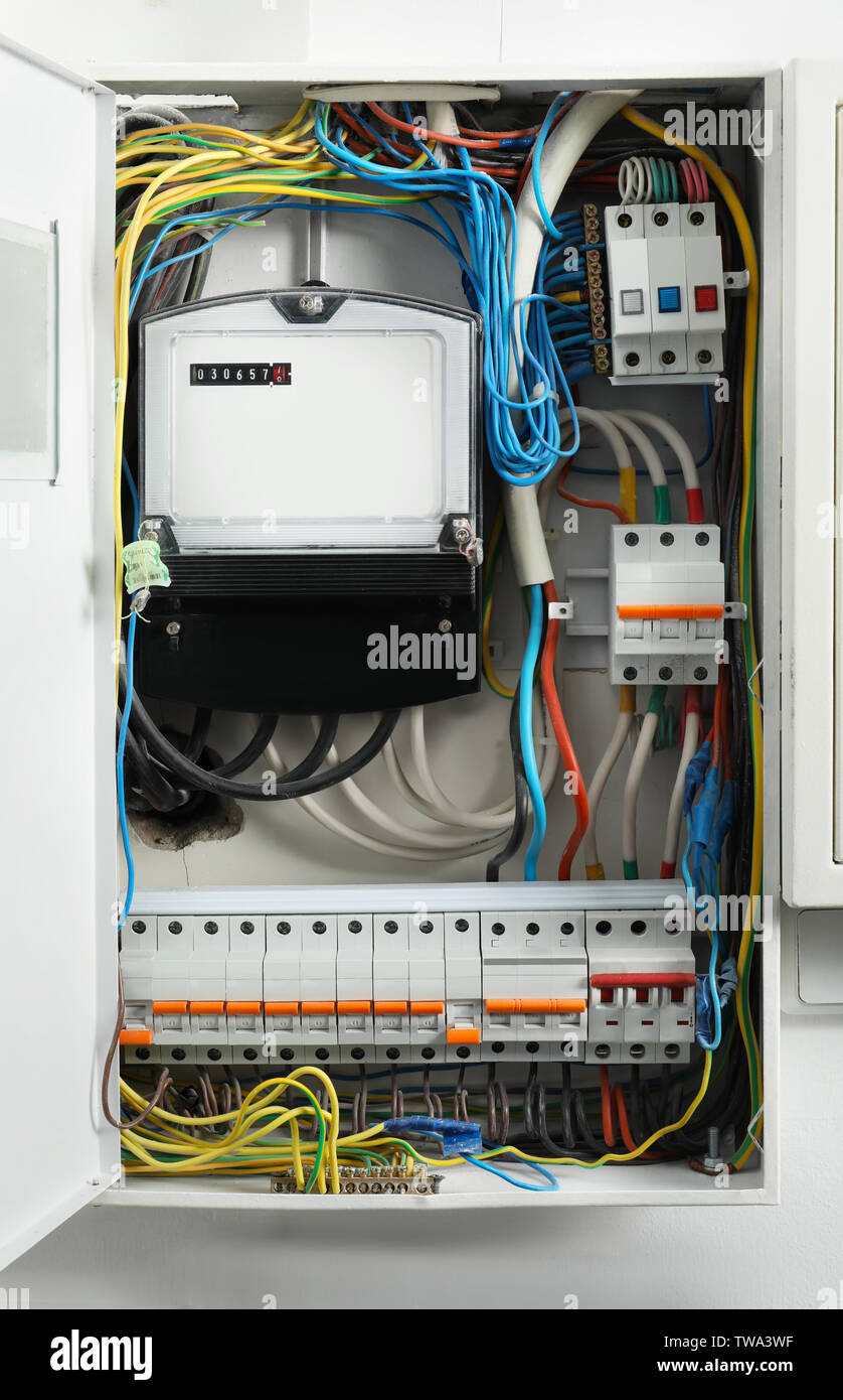 Distribution board on wall indoors Stock Photo - Alamy
