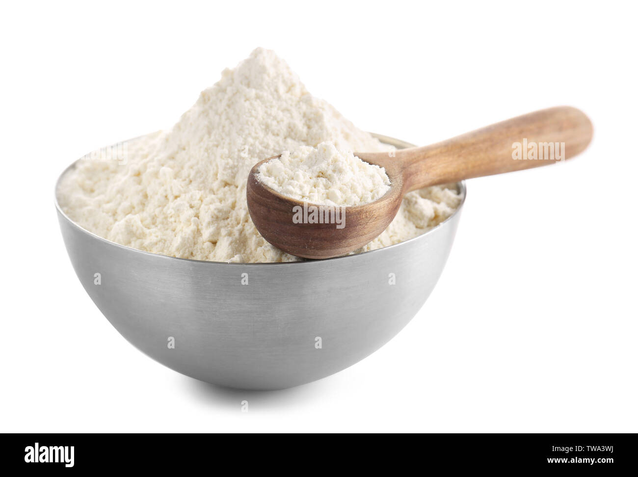 Bowl with flour on white background Stock Photo - Alamy