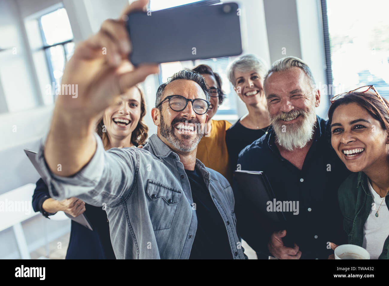 Successful Business Team Taking Selfie Together Multiracial Group Of
