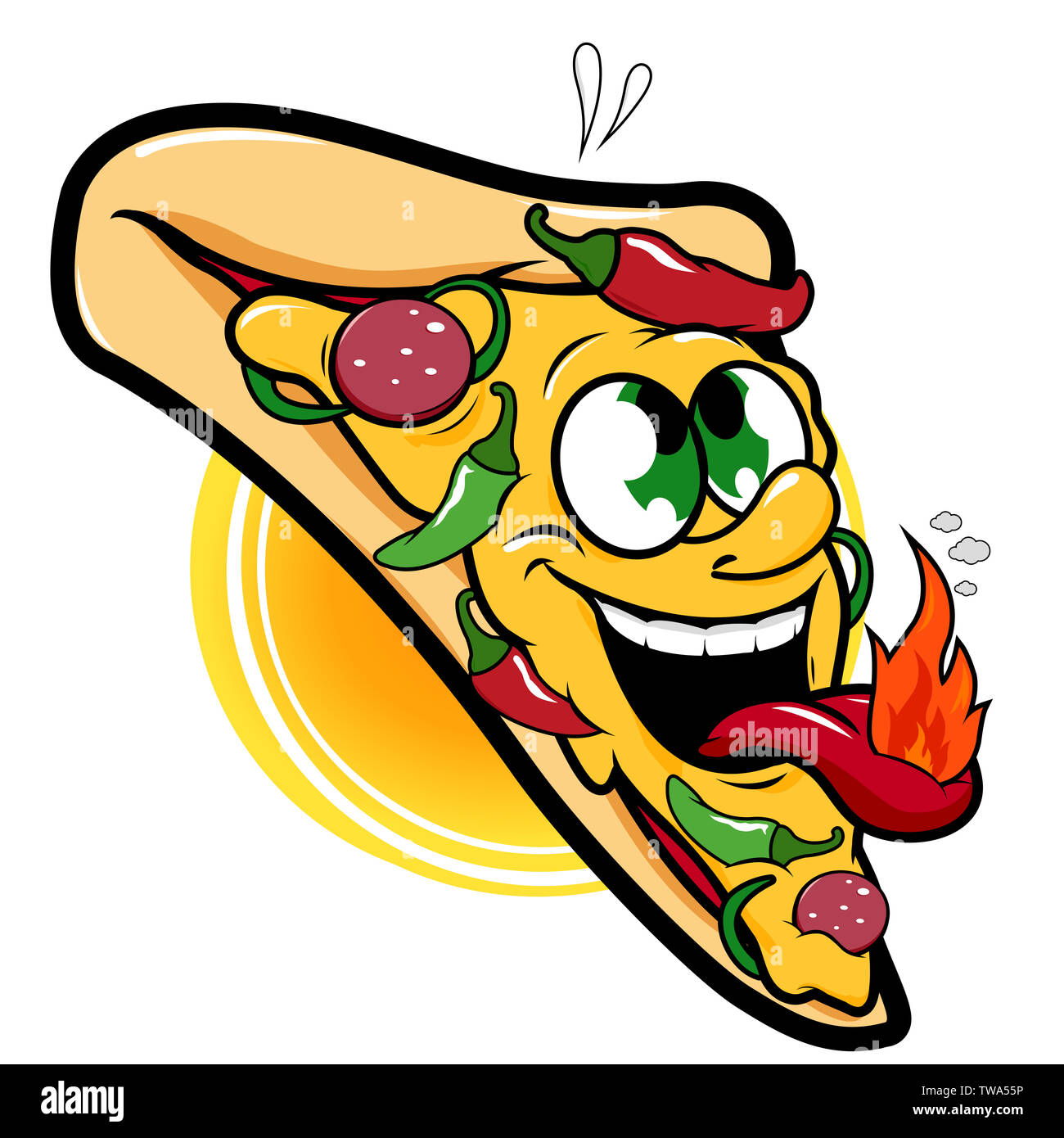Cartoon slice of pizza with hot chili peppers. Spicy cartoon hot pizza ...
