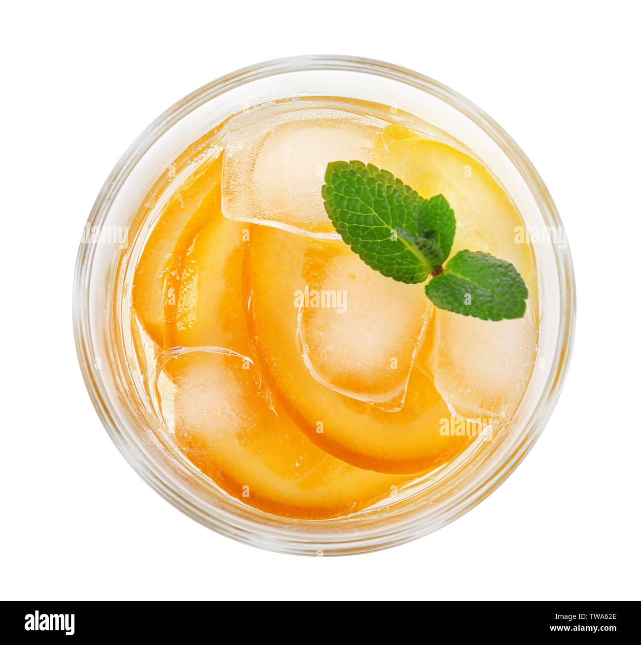 Glass of tasty orange lemonade on white background Stock Photo - Alamy