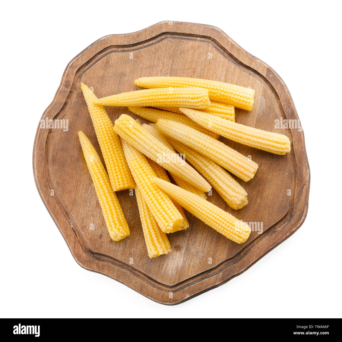 Wooden board with fresh young baby corn on white background Stock Photo ...