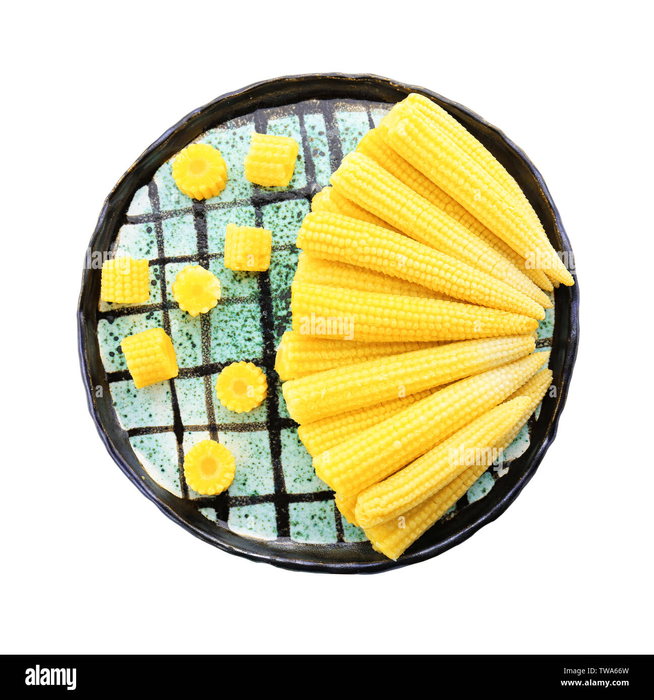 Plate with fresh young baby corn on white background Stock Photo - Alamy