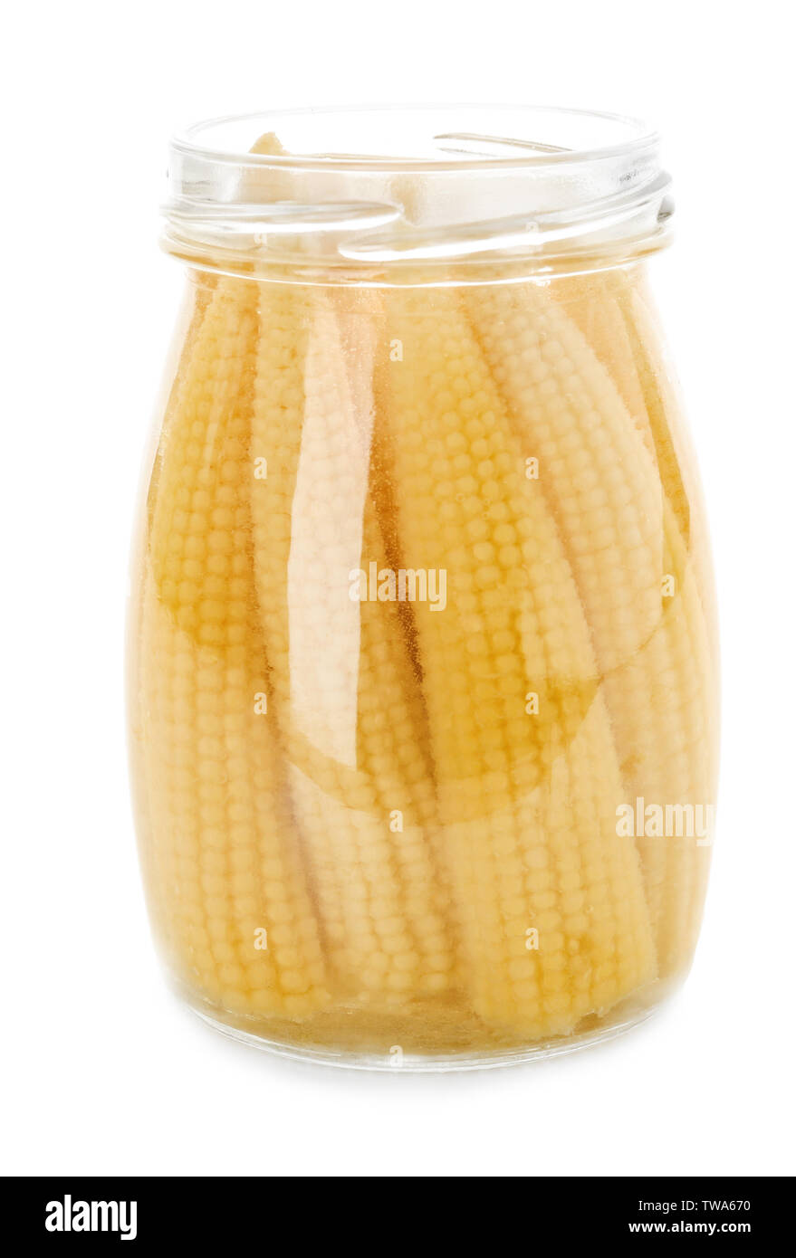 Glass jar with fresh young baby corn on white background Stock Photo ...