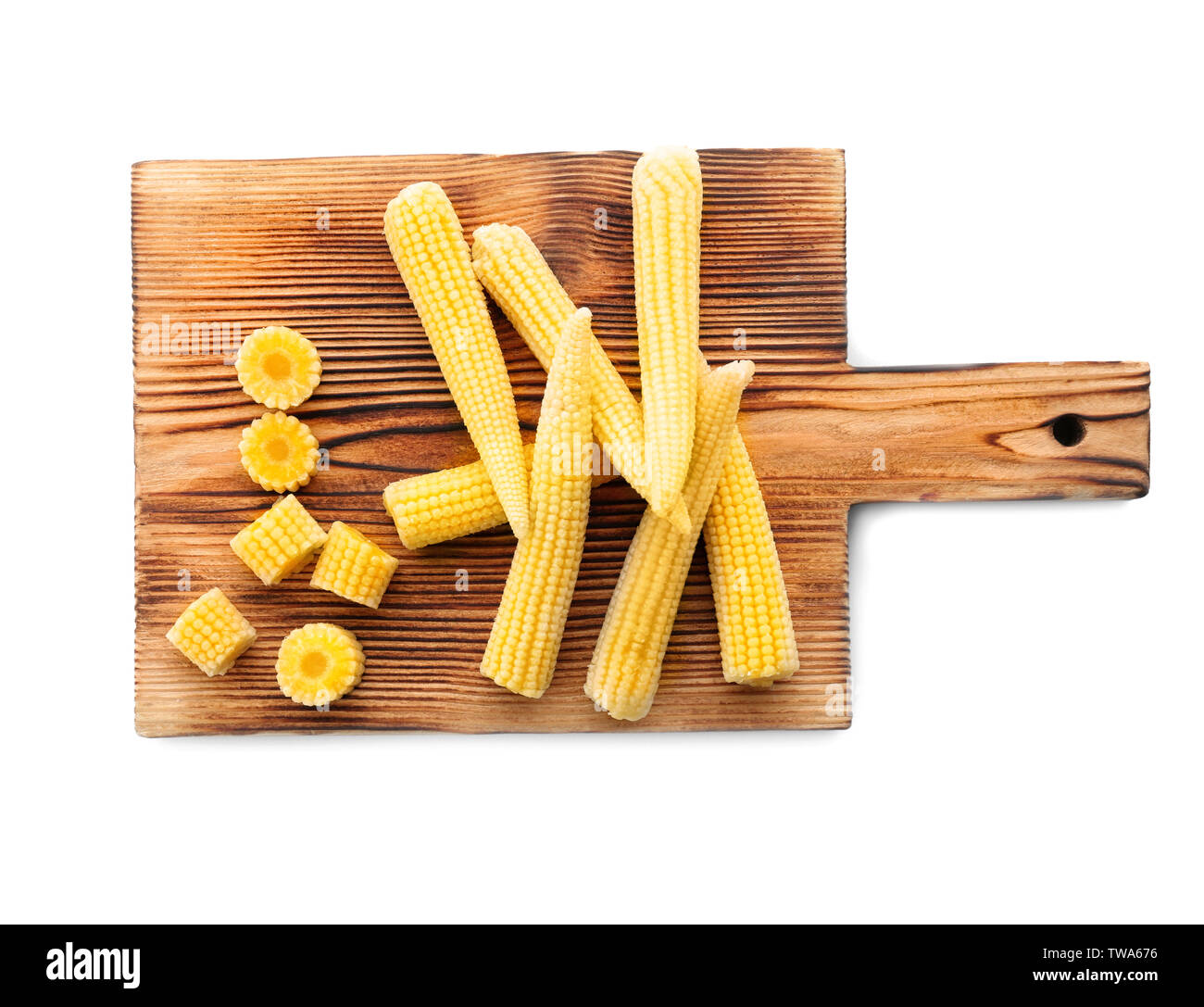Wooden board with fresh young baby corn on white background Stock Photo ...
