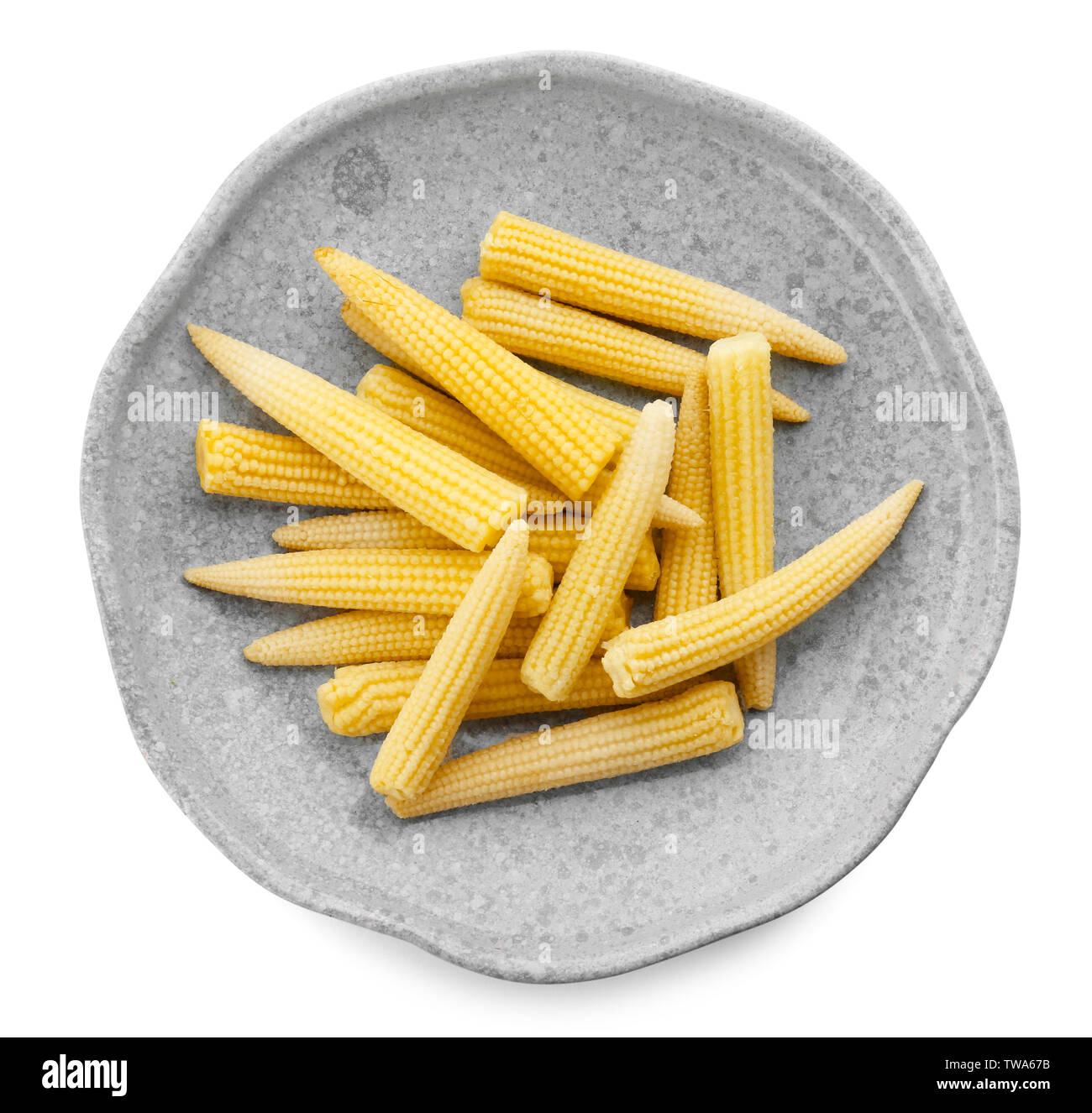 Plate with fresh young baby corn on white background Stock Photo - Alamy