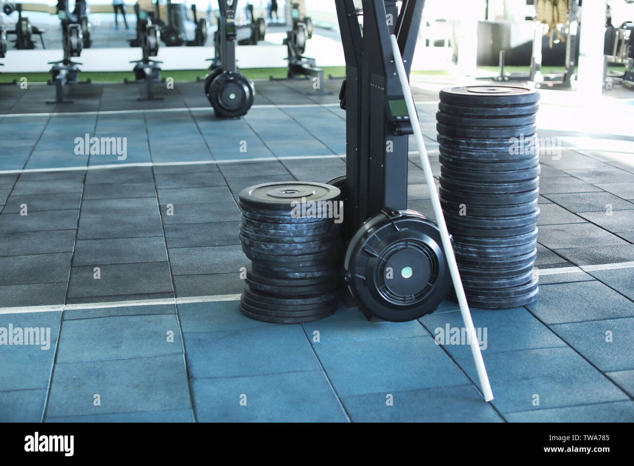 Plates for barbell in gym Stock Photo - Alamy