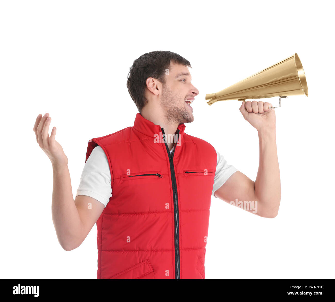 Man shouting into megaphone on white background Stock Photo - Alamy