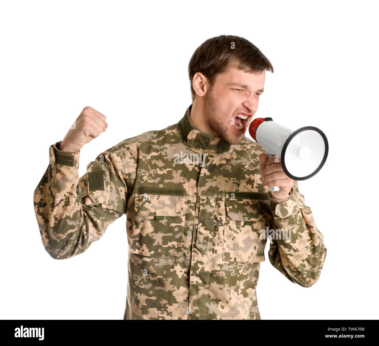 Angry military man shouting into megaphone on white background Stock ...