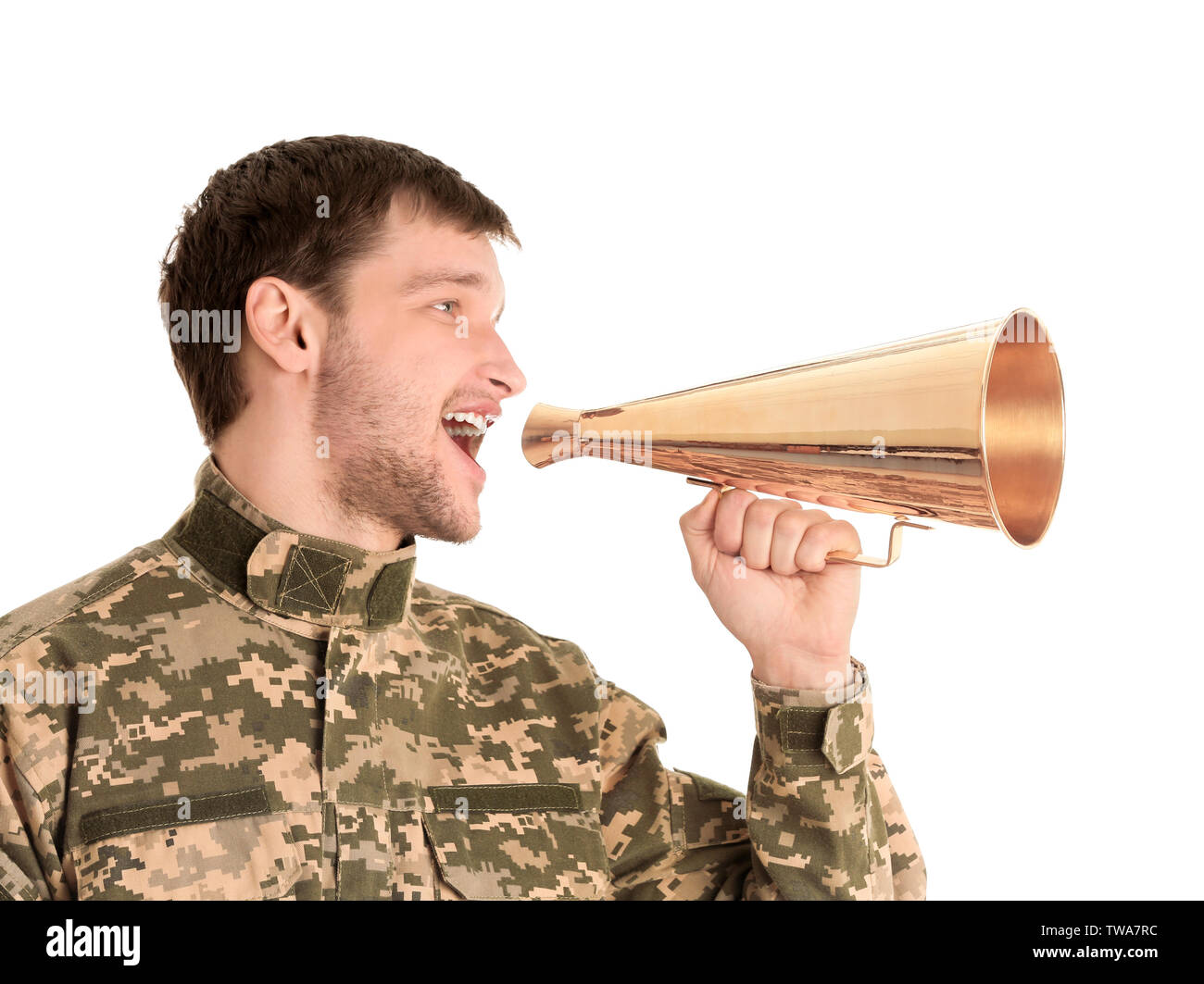 Military man shouting into megaphone on white background Stock Photo ...