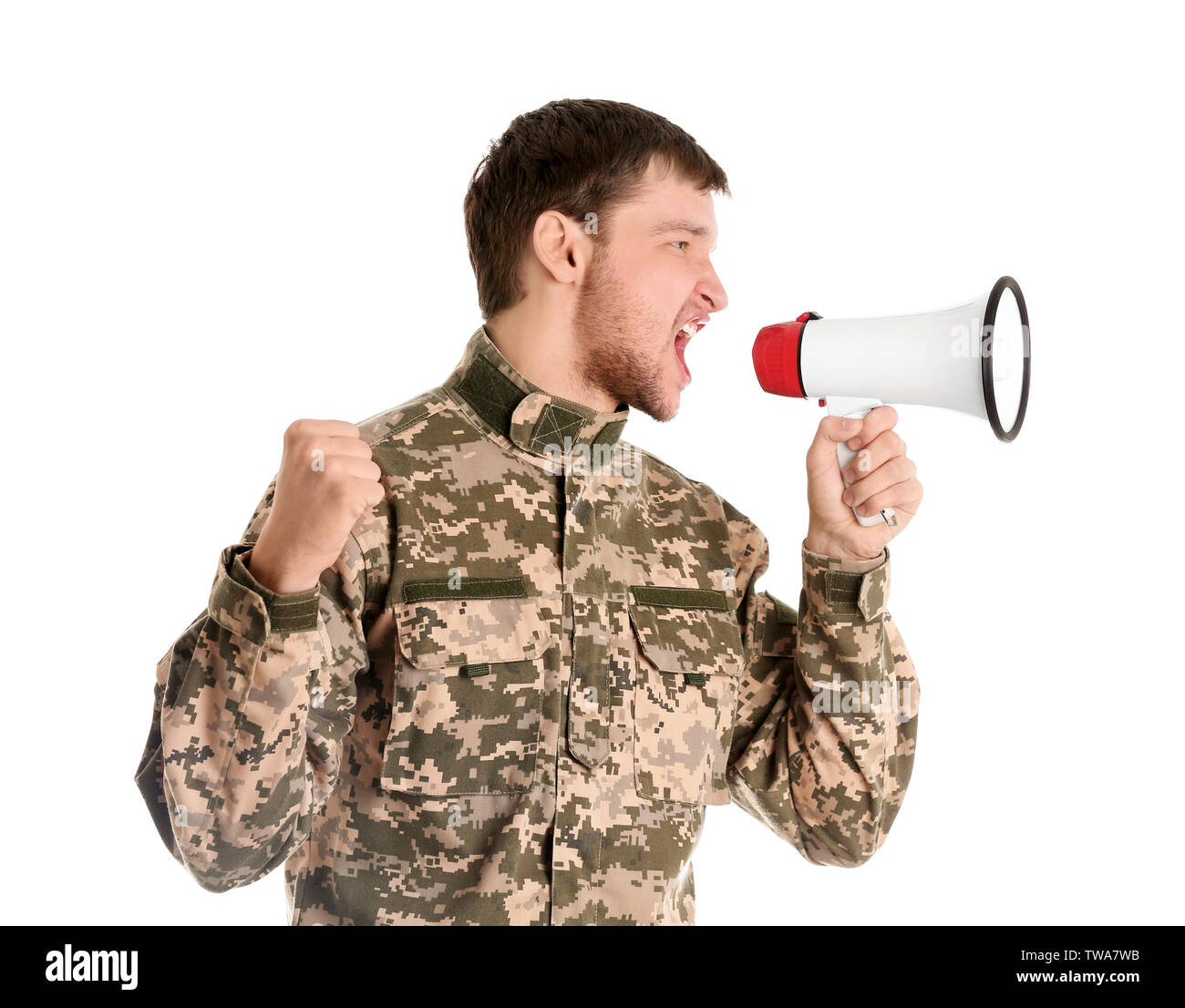 Angry military man shouting into megaphone on white background Stock ...