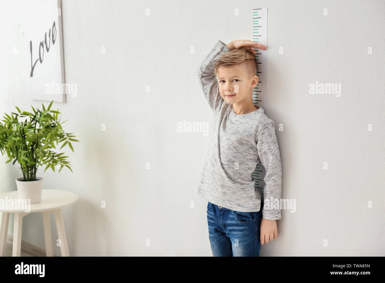 Cute little boy measuring height near wall at home Stock Photo - Alamy