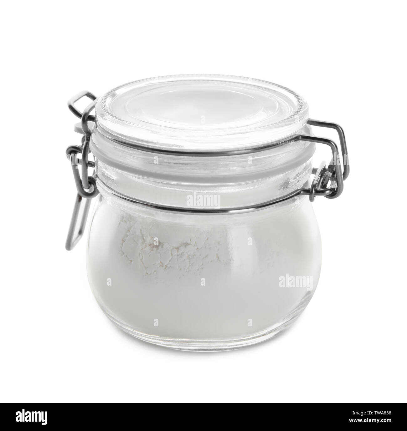 Jar with corn starch on white background Stock Photo - Alamy