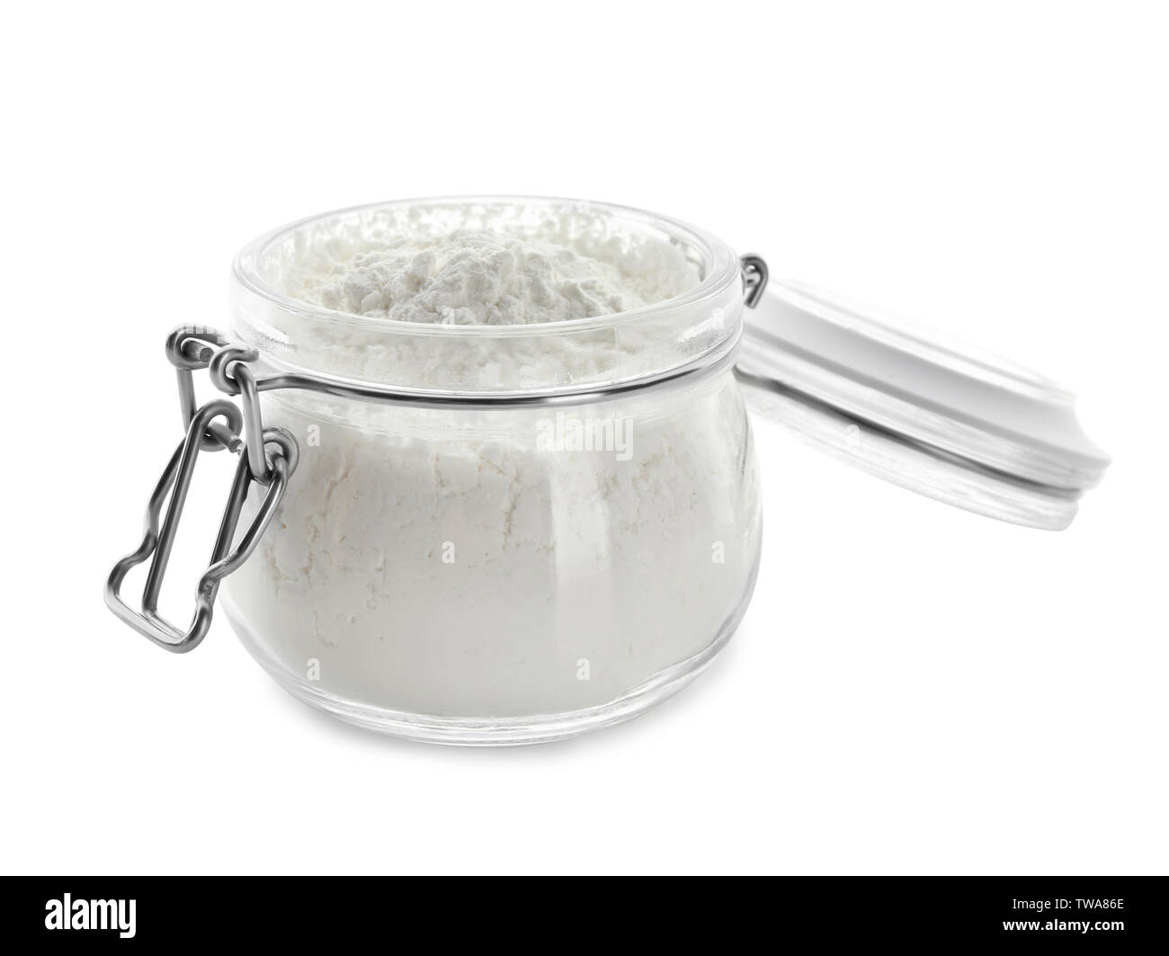 Jar with corn starch on white background Stock Photo - Alamy