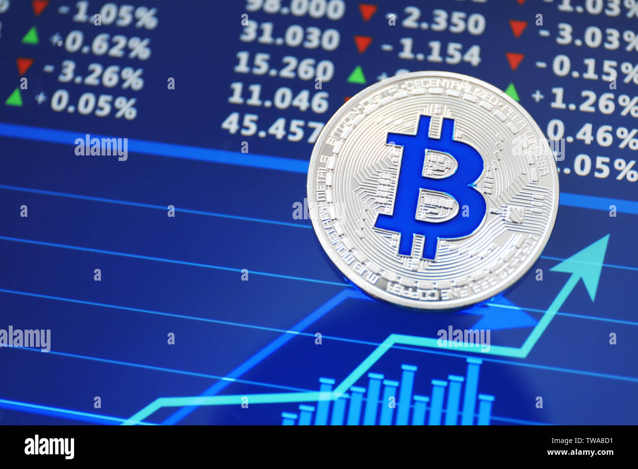Silver bitcoin on screen with chart. Finance trading Stock Photo - Alamy