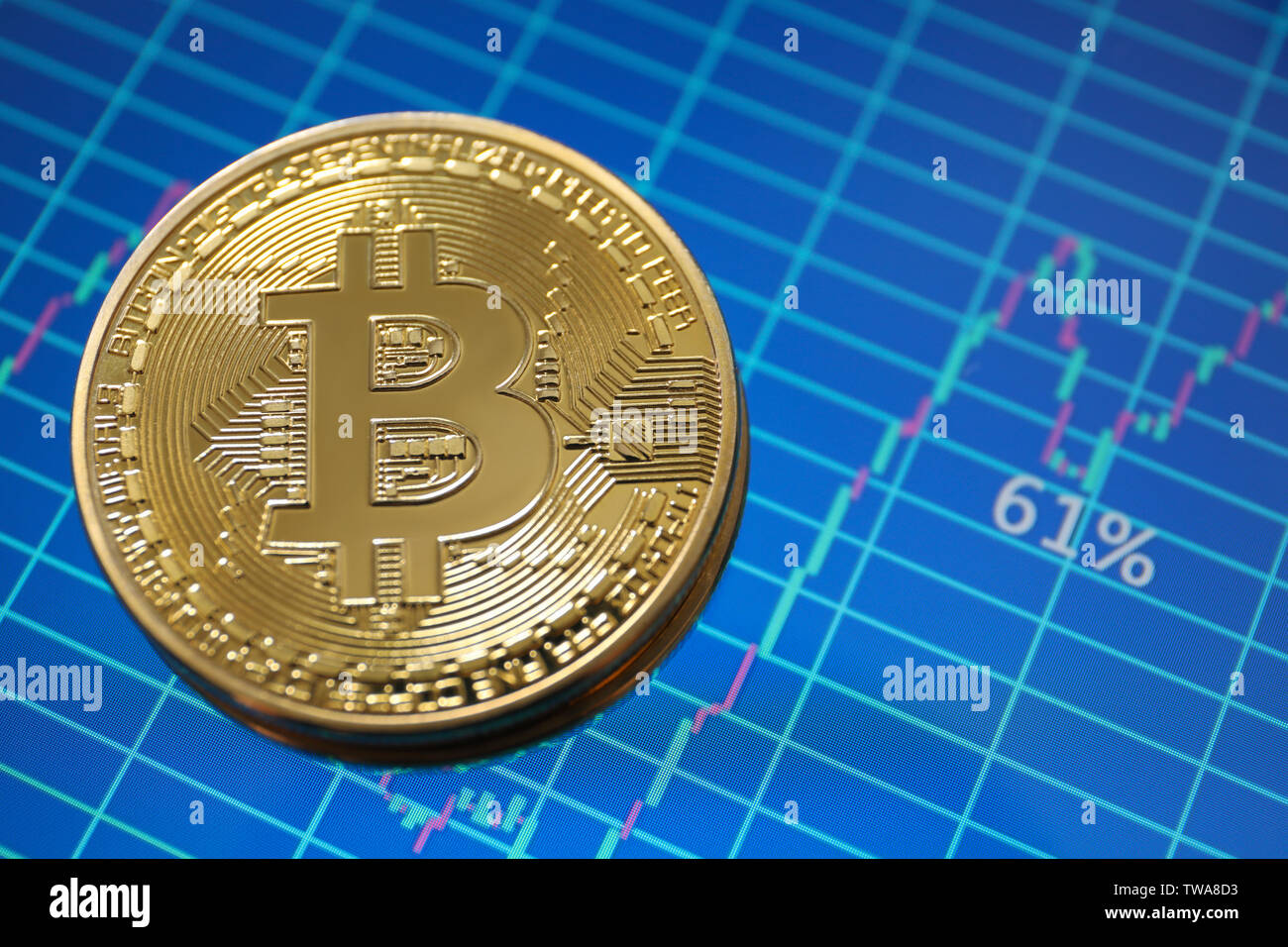 Golden bitcoin on screen with chart. Finance trading Stock Photo - Alamy