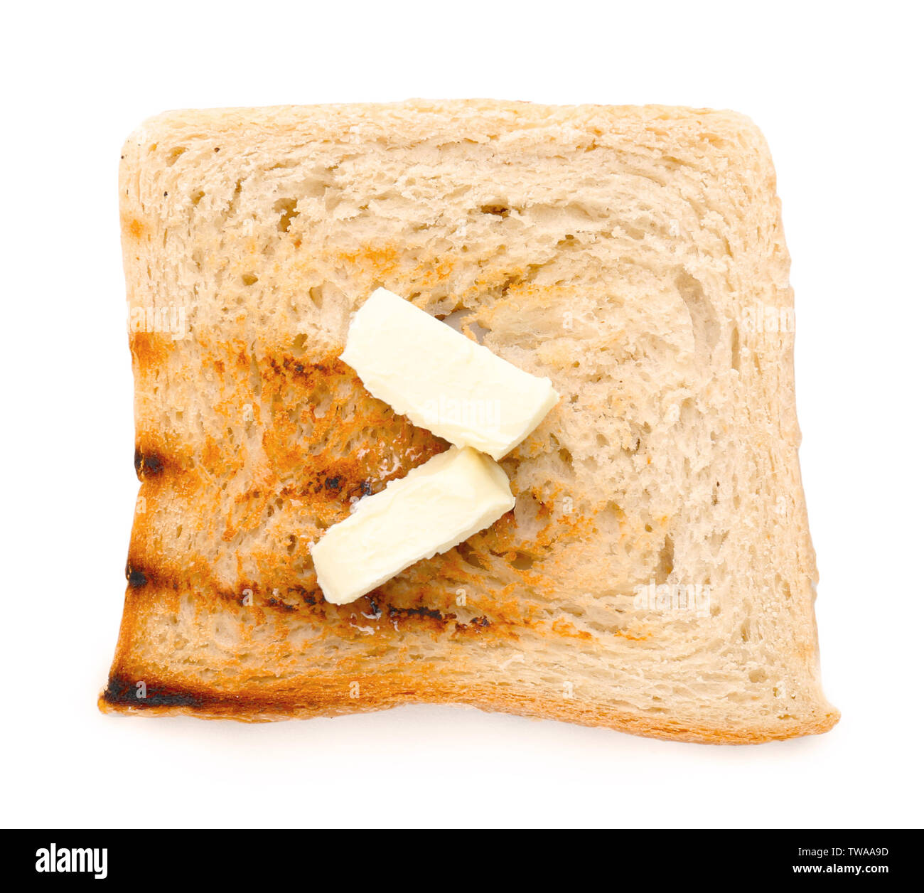 Toasted bread with butter on white background Stock Photo - Alamy