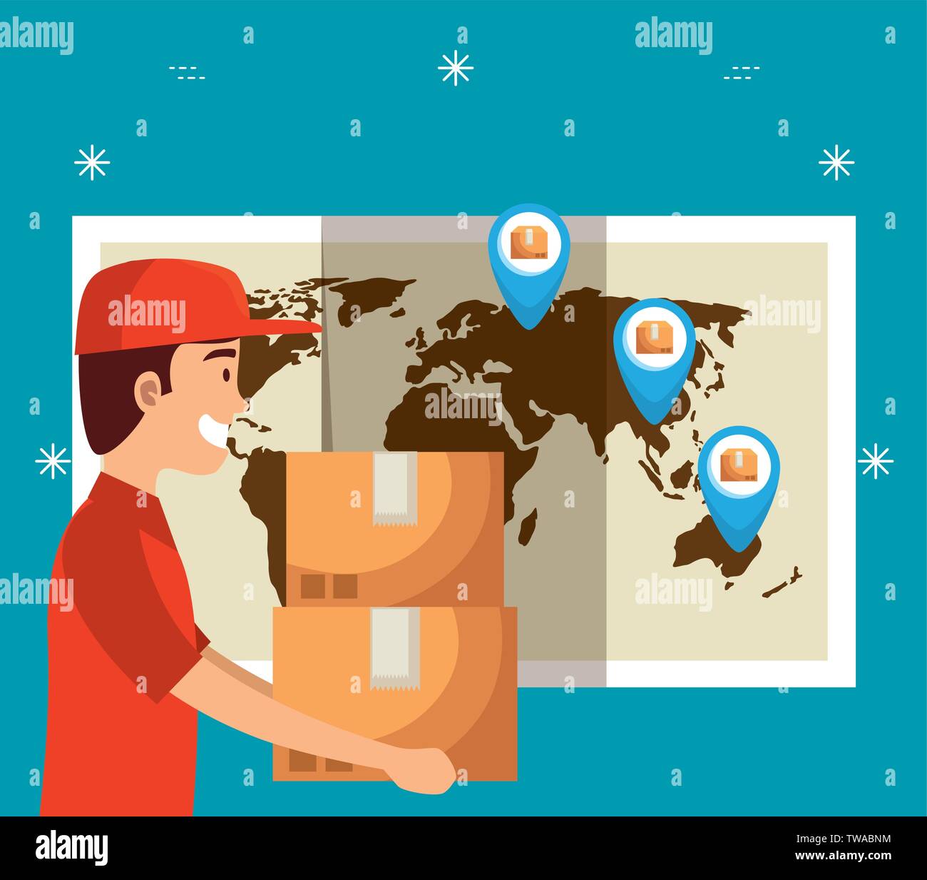 man with boxes packages and global map with location signs Stock Vector ...