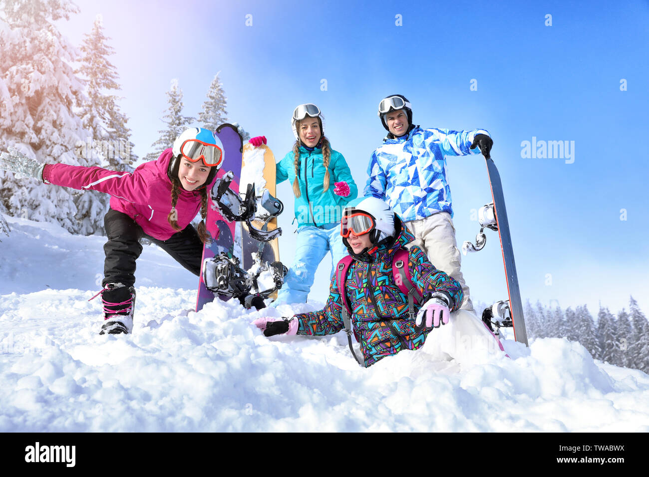 Happy friends on winter vacation, outdoors Stock Photo - Alamy