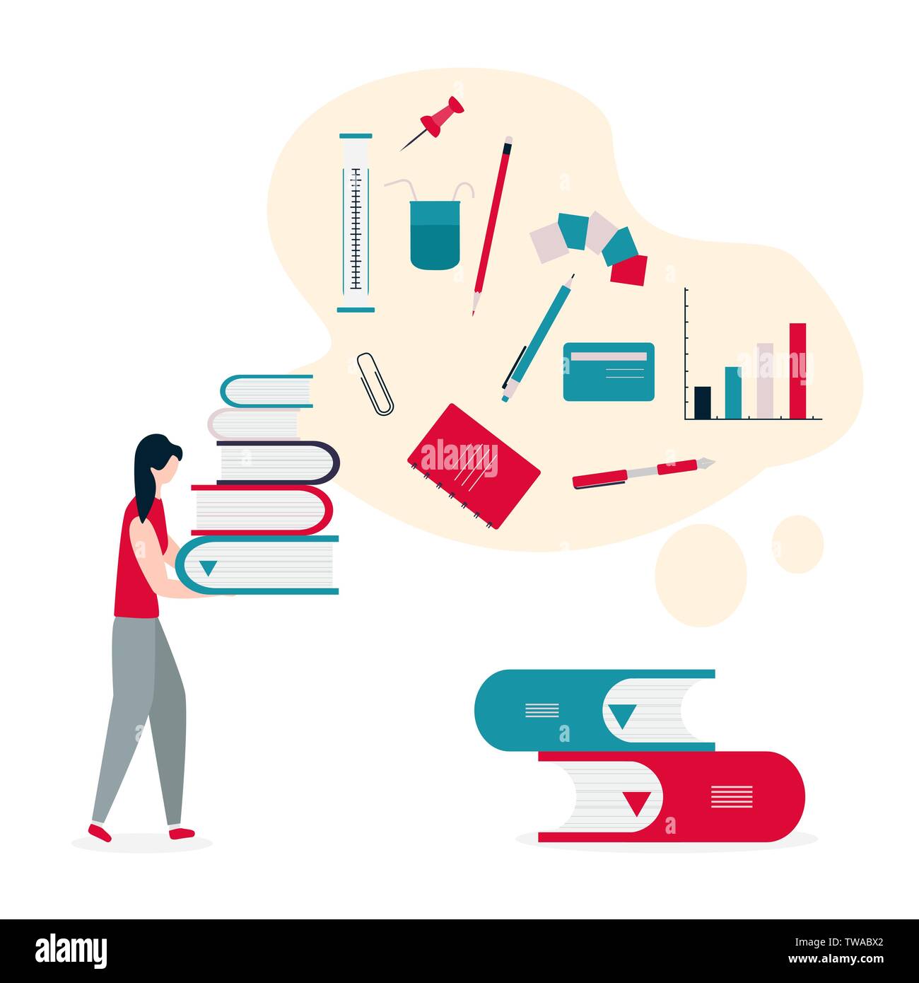 Vector illustration with girl, stack of books. Education, study ...