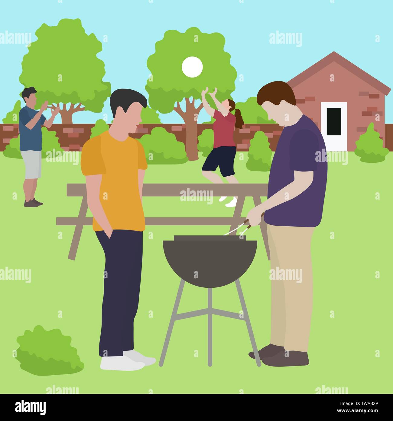 Vector illustration with people having bbq party in the backyard. BBQ ...