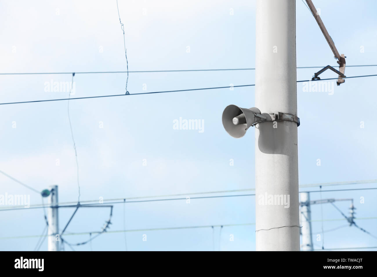 Megaphone on pole outdoors Stock Photo - Alamy