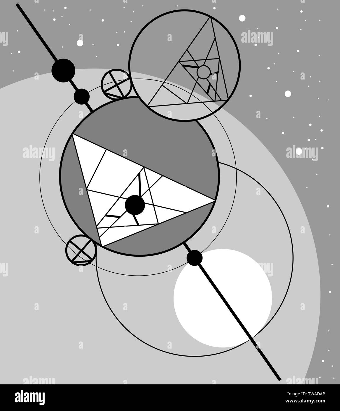 Abstract geometrical background in space with stars, monochrome. Print ...