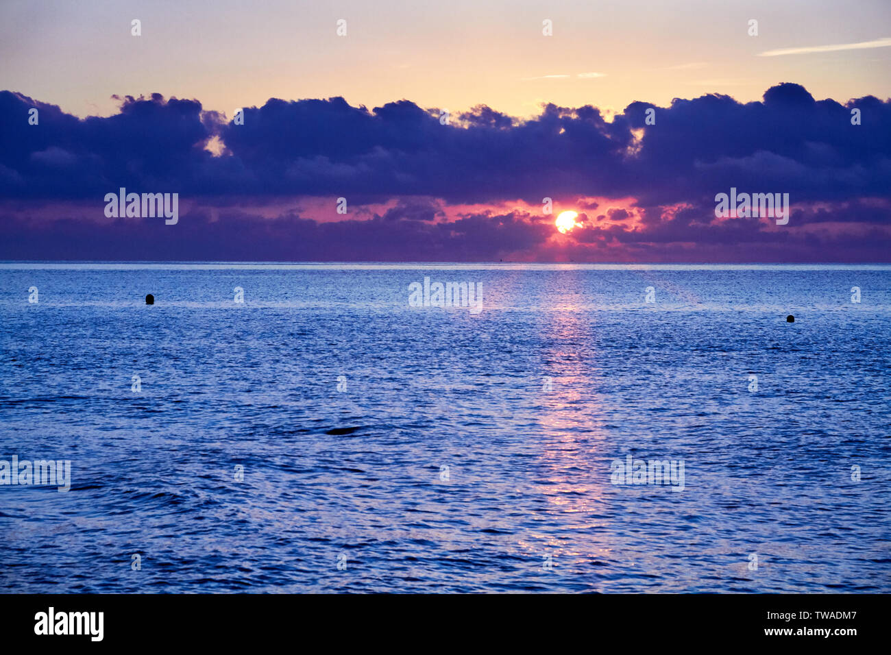 Blue pink sunrise with the sea horizon Stock Photo - Alamy