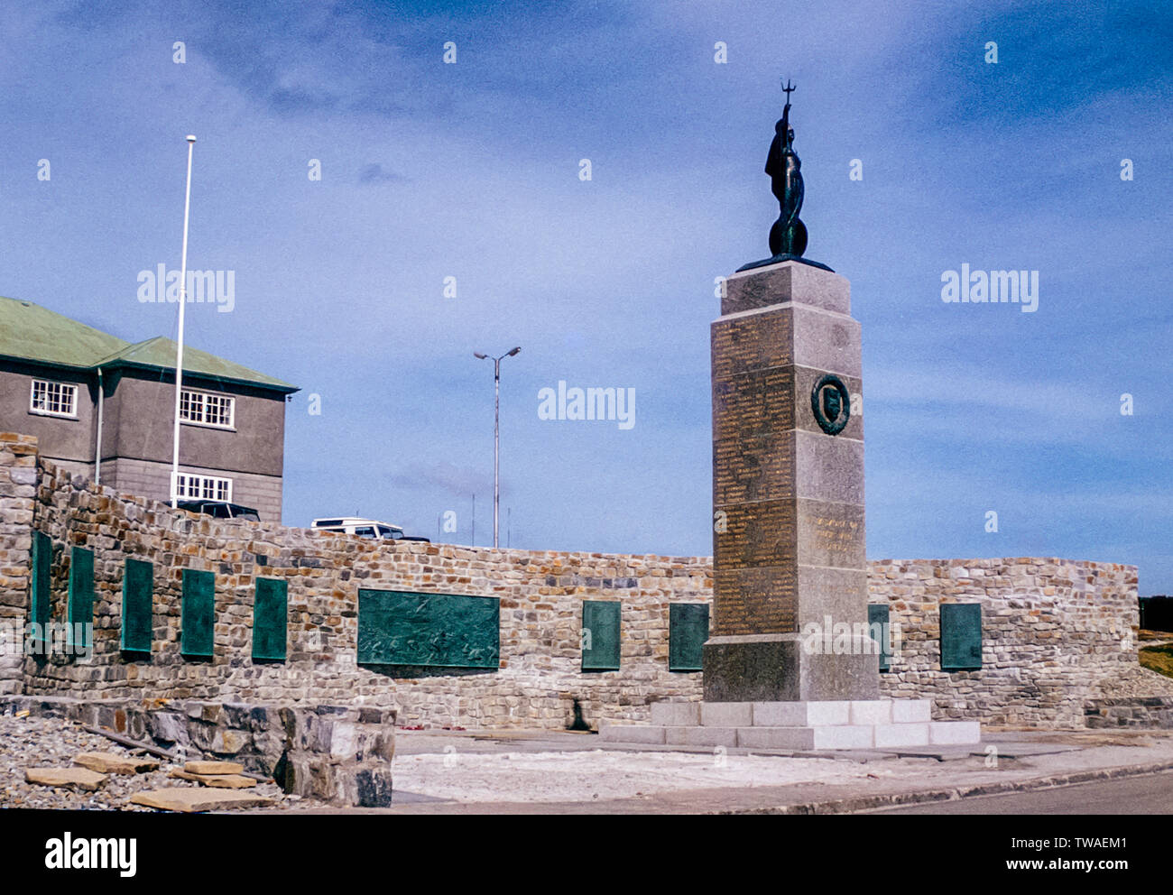 Falklands 1985. British War memorial at Port Stanley commemorating ...
