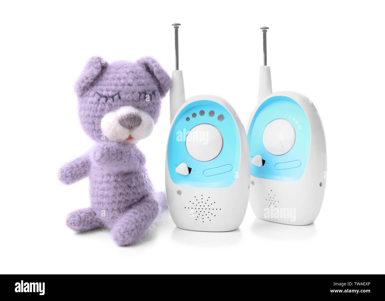 Baby monitor units and toy on white background. Radio nanny Stock Photo ...