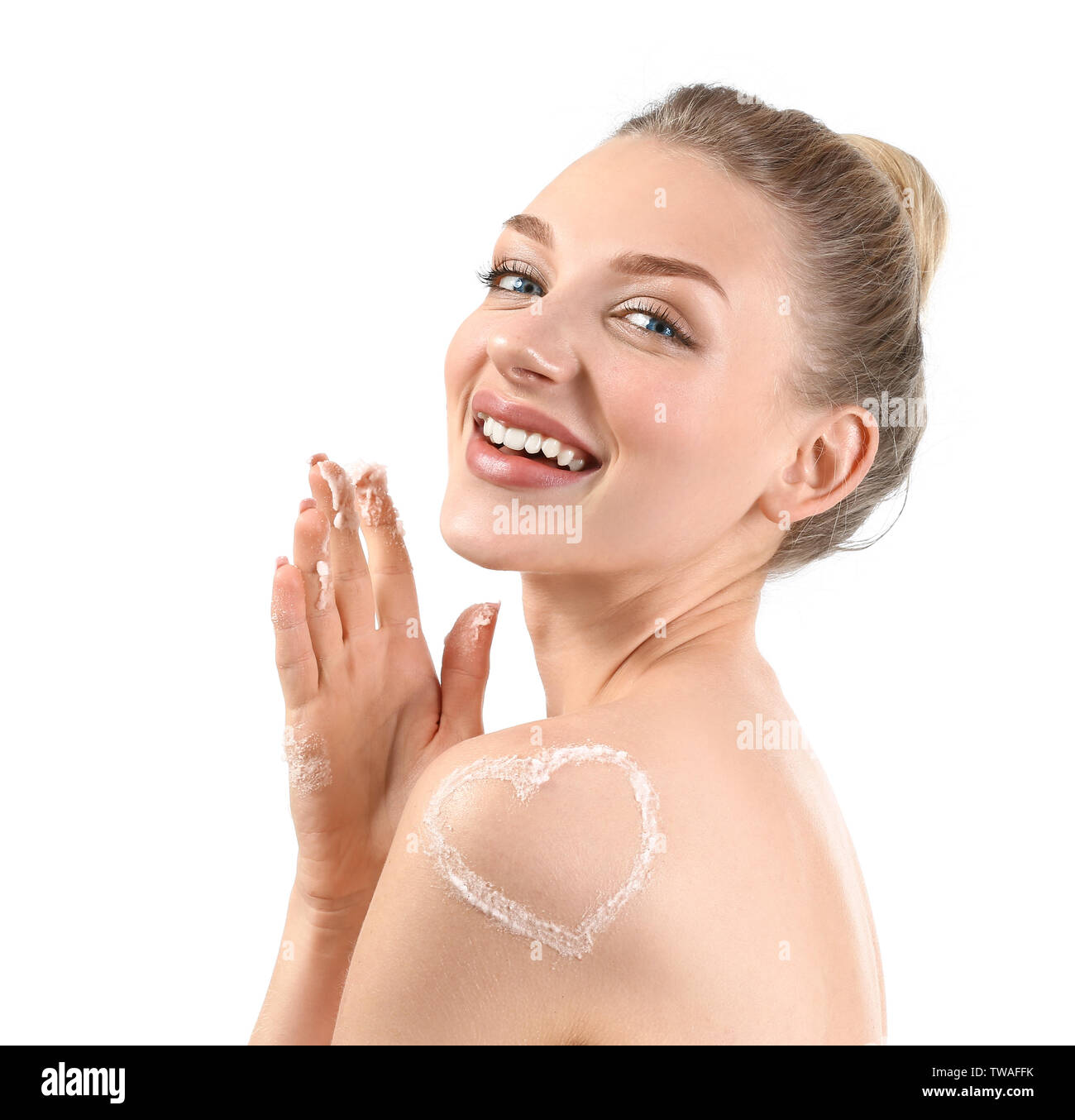 Young woman with body scrub on her body against white background Stock ...