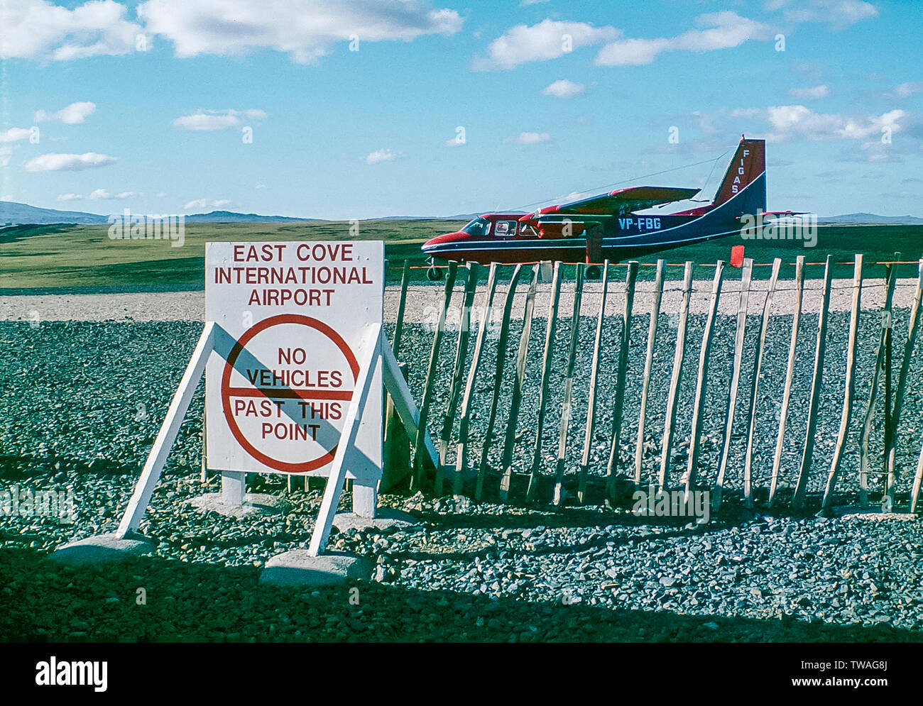Falkland Islands 1985. A FIGAS operated light aircraft ready for take ...