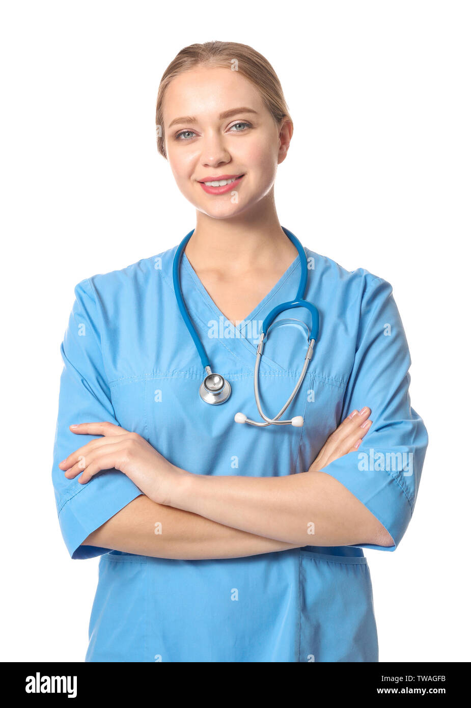 Young medical assistant on white background Stock Photo - Alamy