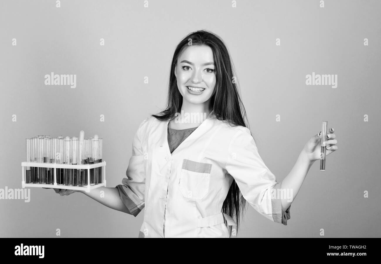 happy woman scientist in lab. School chemistry laboratory. good results ...