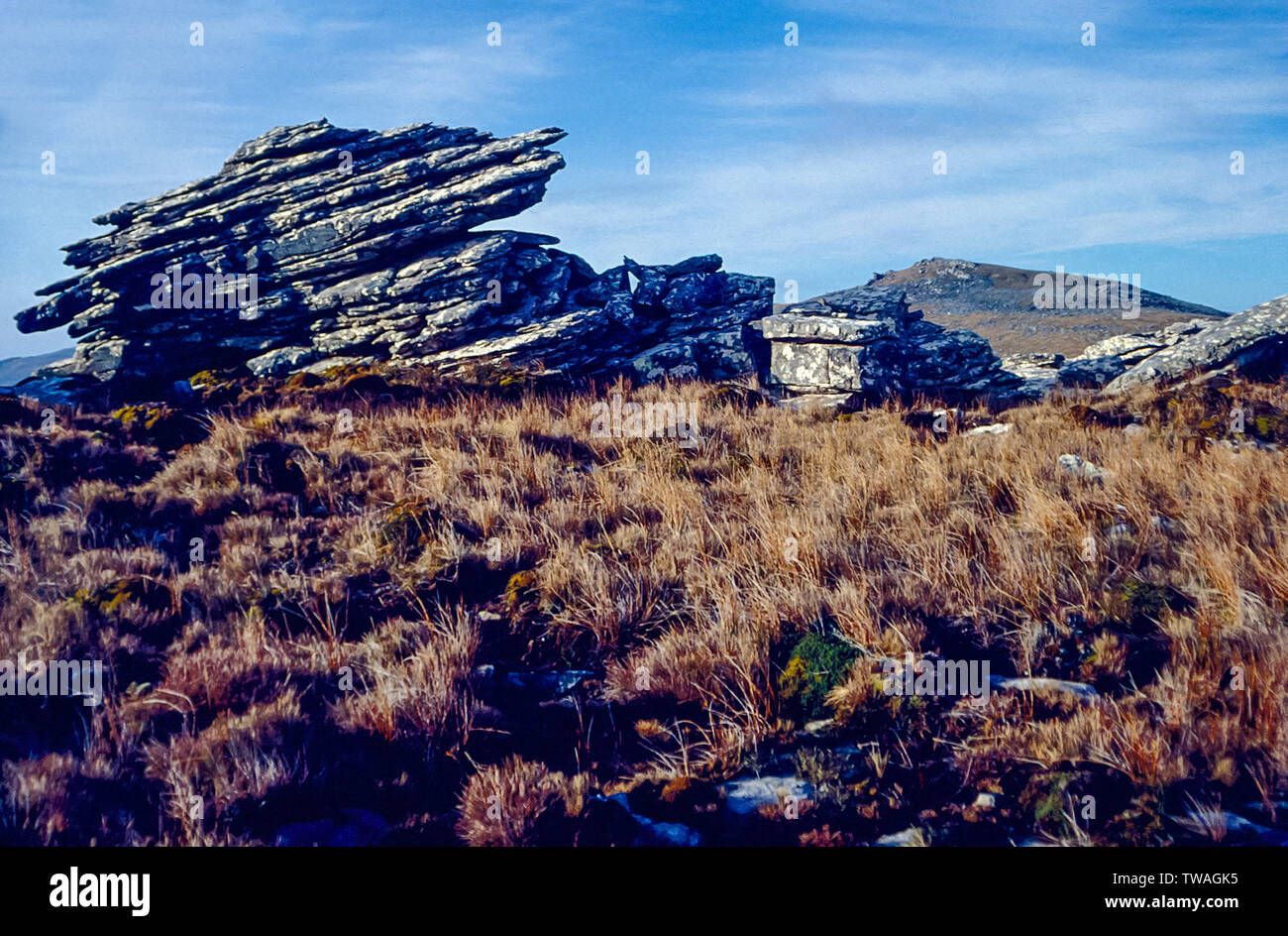 Falkland Islands 1985. Limestone rock outcrops of Mount Tumbledown ...