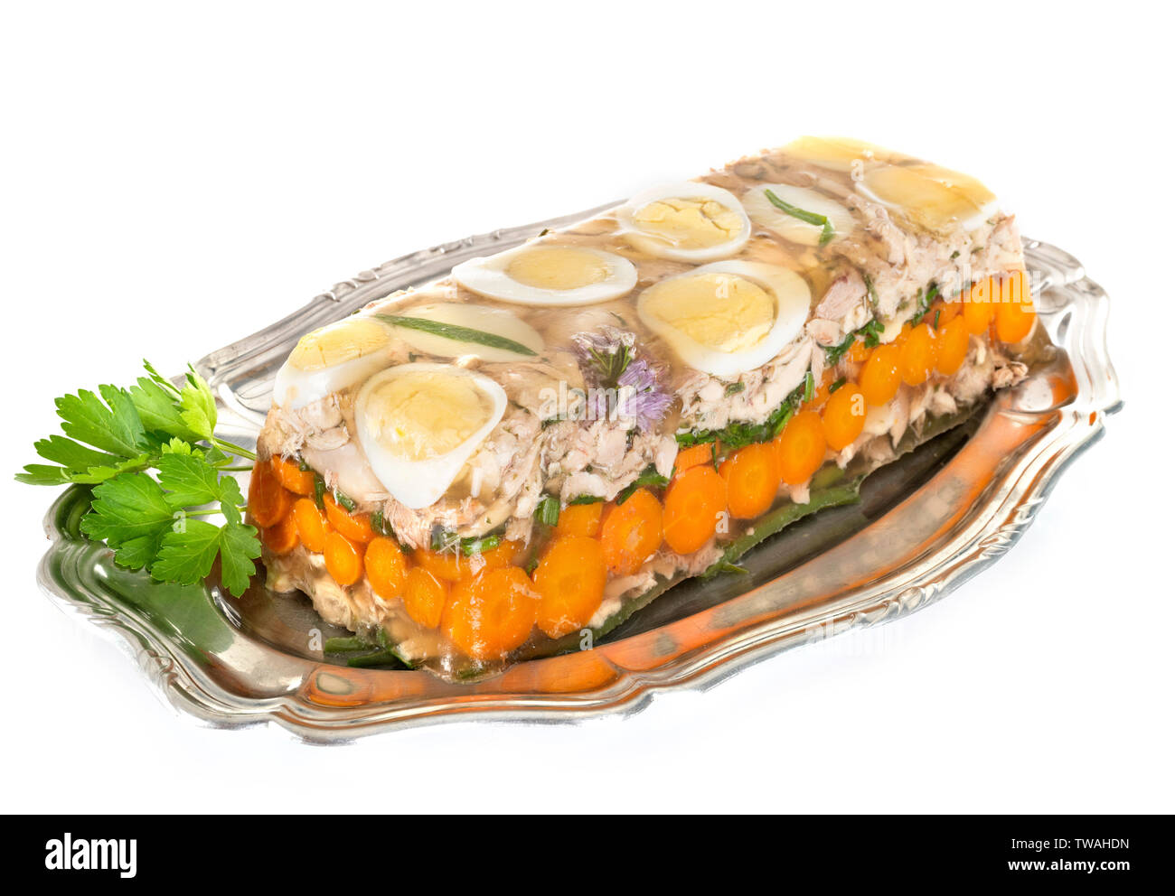 chicken terrine in front of white background Stock Photo - Alamy