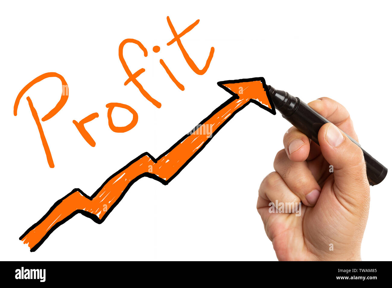 Man outlining orange profit arrow with black marker as economic growth ...