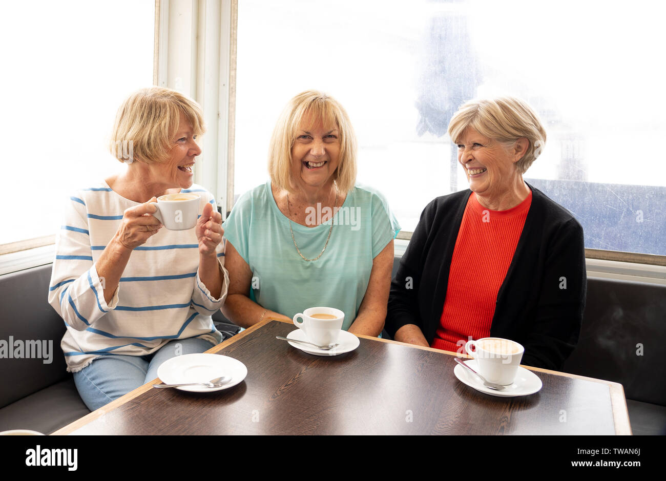 Joyful elderly friends having tea or coffee together. Senior ...