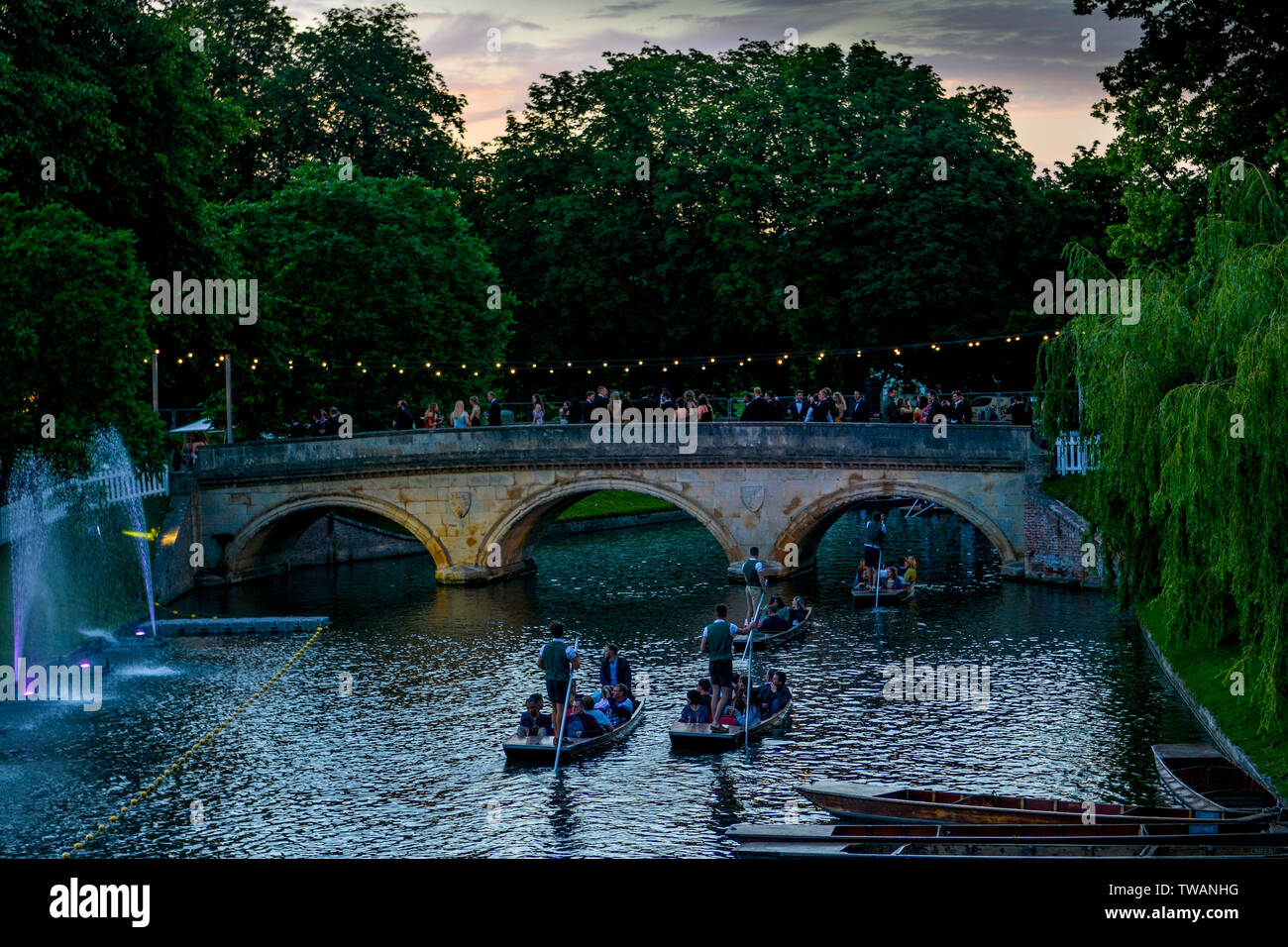 Punts on river cam with May Ball event in background Stock Photo - Alamy