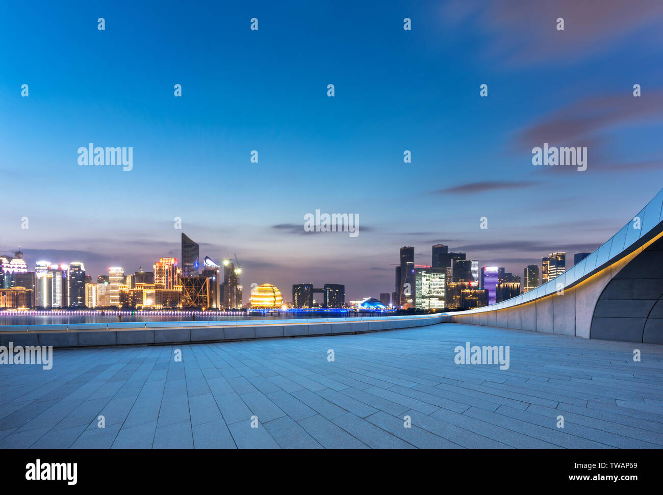 night scene of hangzhou qianjiang new city from empty floor Stock Photo ...