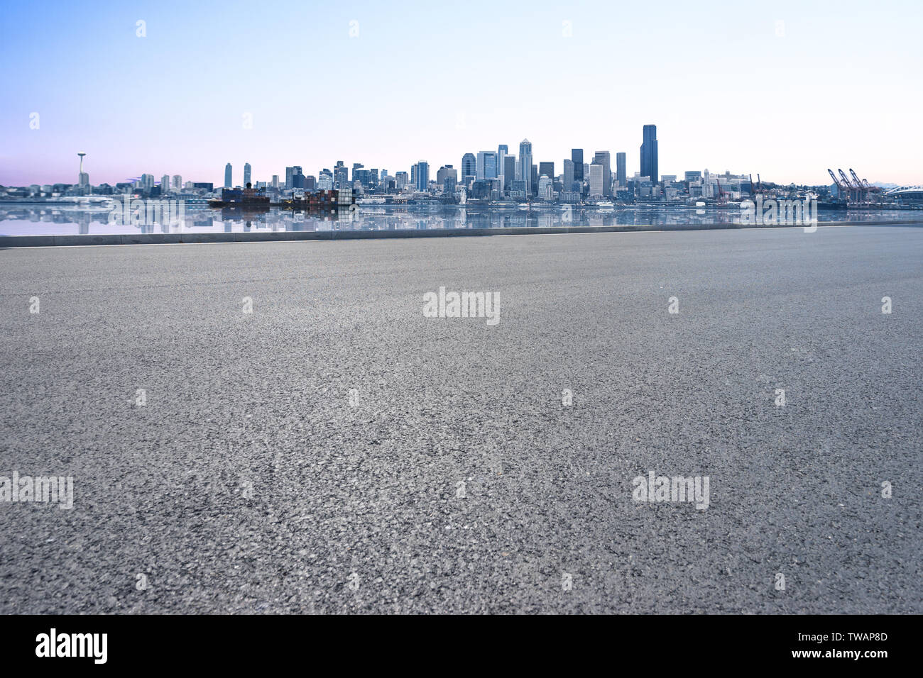 empty asphalt road with cityscape and skyline of seattle Stock Photo ...