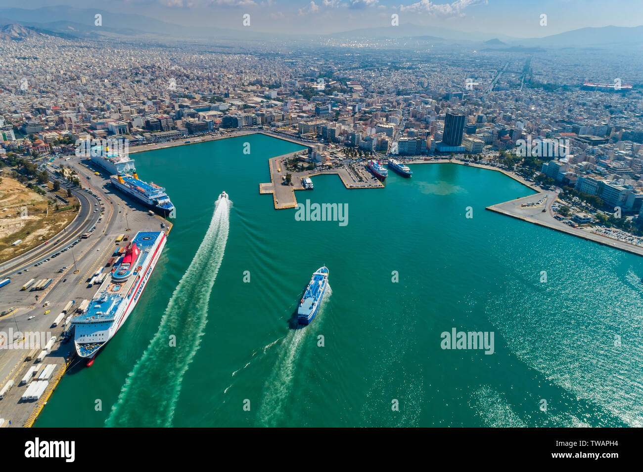 Piraeus, Greece - May 30, 2019: Aerial drone panoramic photo of Piraeus ...