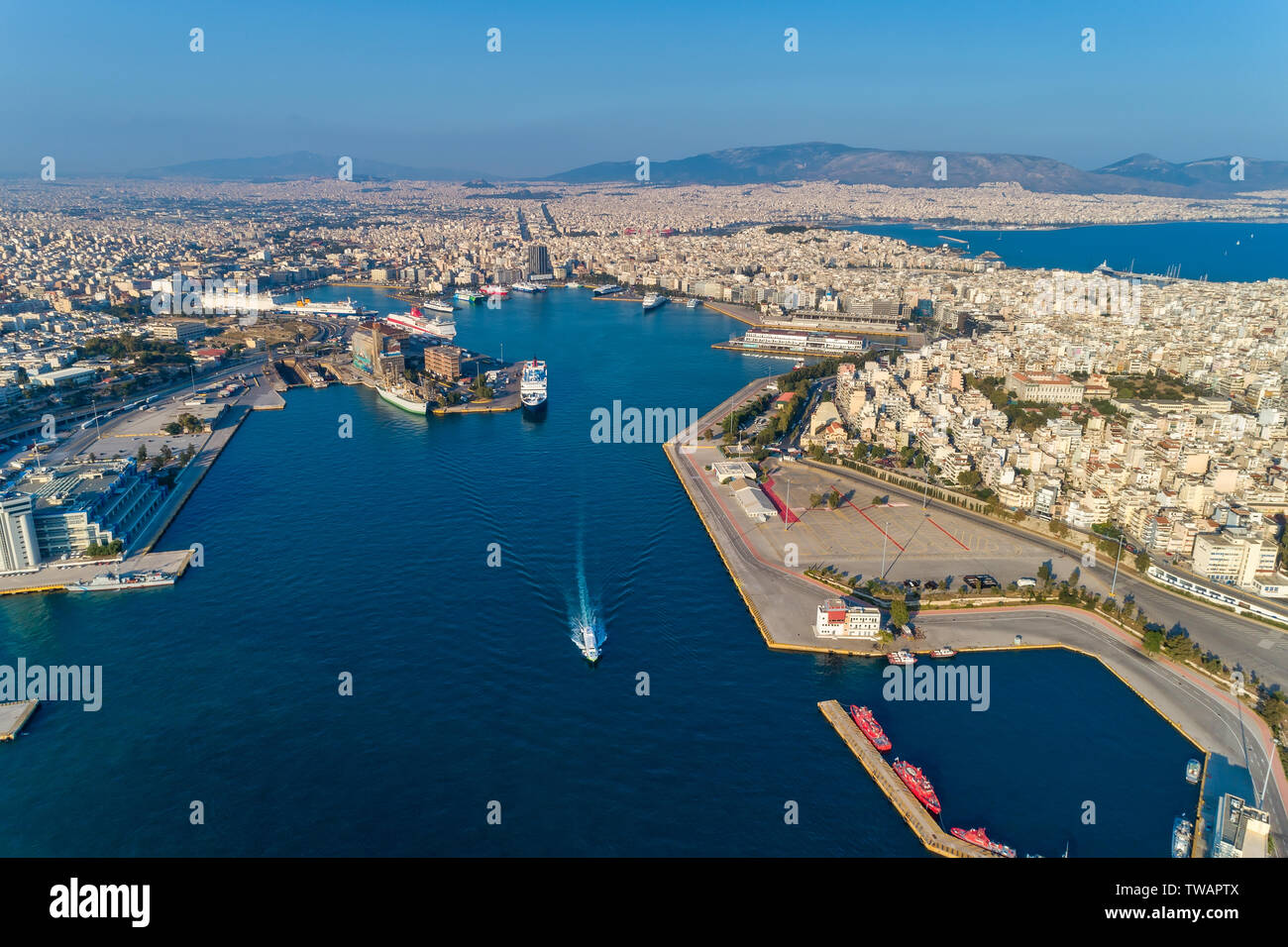 Piraeus, Greece - May 30, 2019: Aerial drone panoramic photo of Piraeus ...