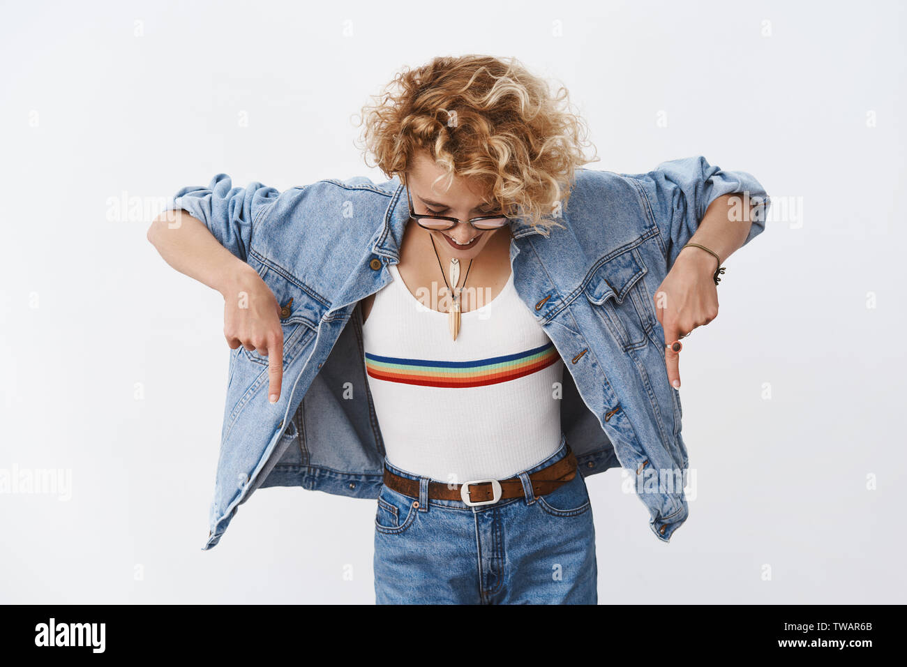 Portrait of intrigued and carefree emotive good-looking european female ...