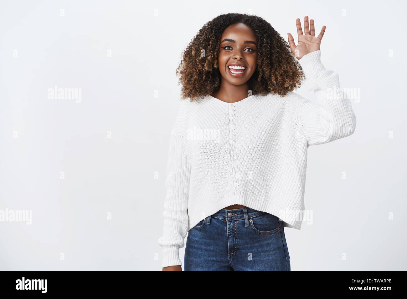 Hello friend how you. Portrait charming friendly smiling pleasant ...