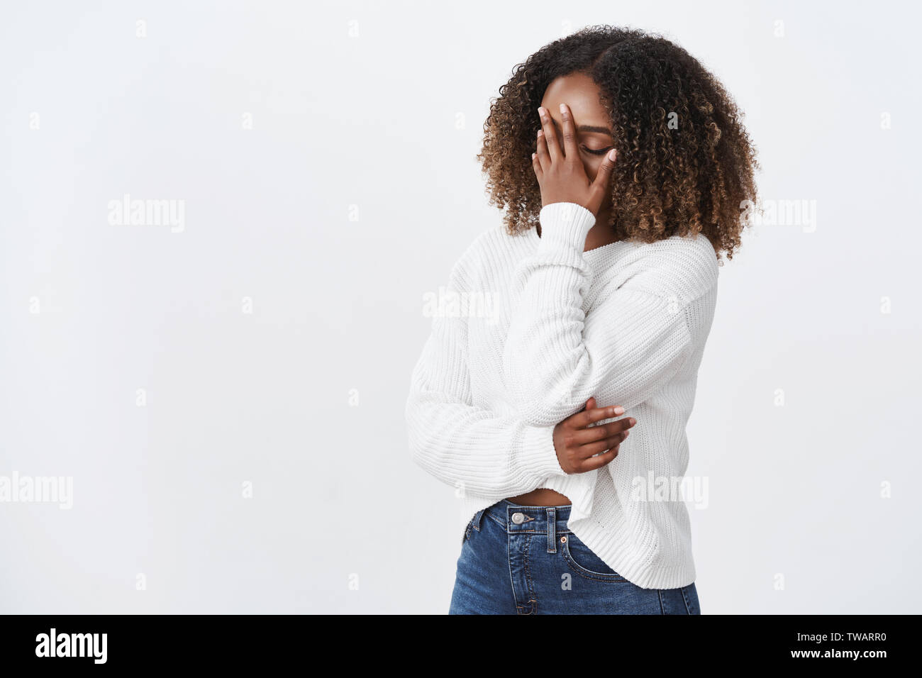 Oh god why me. Portrait tired exhausted emotive african-american curly ...