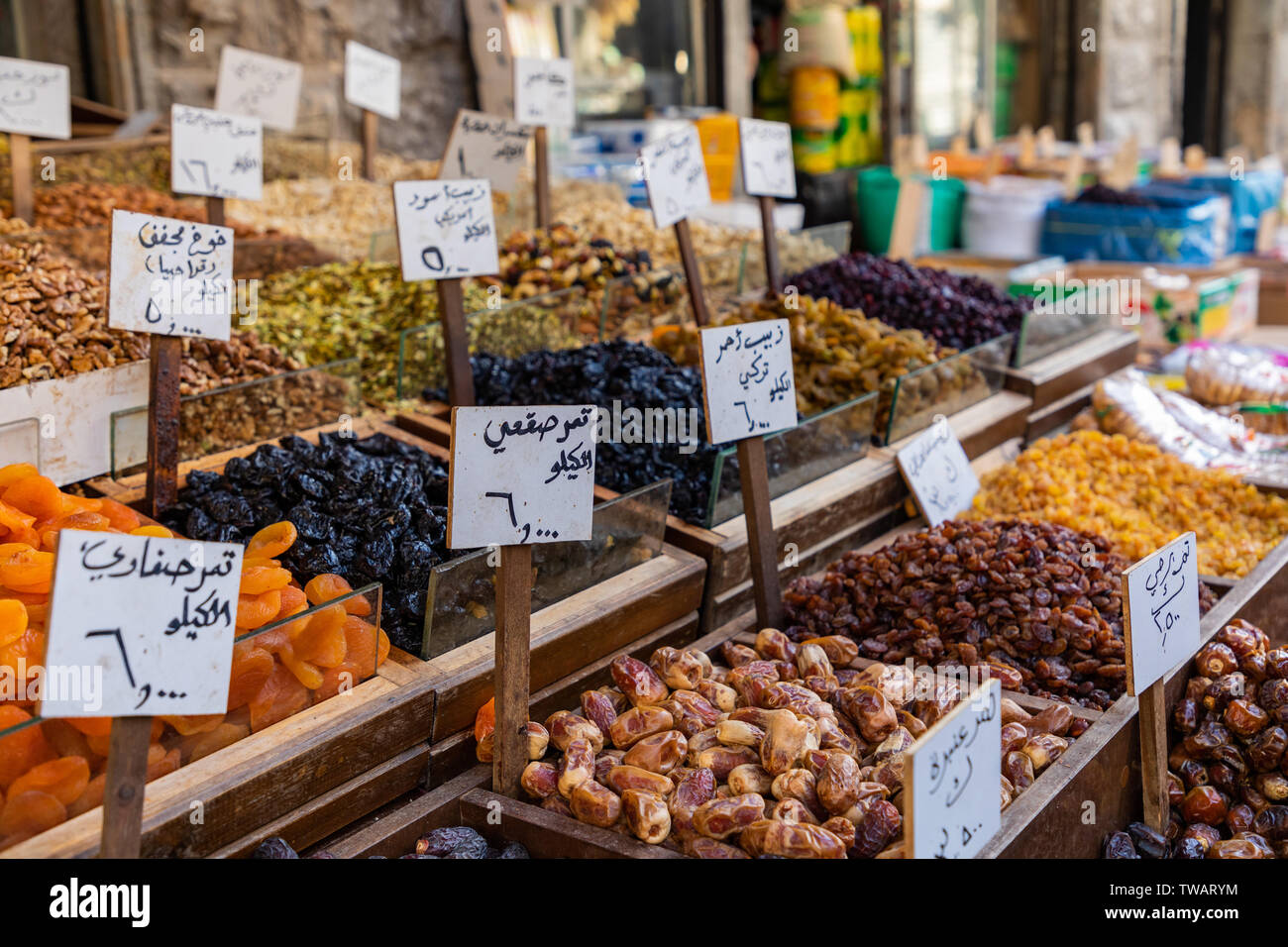 Spices, nuts and sweets shop on the market in Amman downtown, Jordan ...